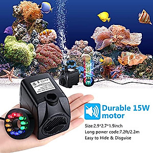 CWKJ Fountain Pump with LED Lights, 220GPH(15W 900L/H) Submersible Water Pump, Durable Outdoor Fountain Water Pump with 6.5ft Tubing (ID x 1/3-Inch), 3 Nozzles for Aquarium, Pond, Fish Tank