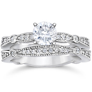 1ct Pave Milgrained Diamond Engagement Wedding Ring Set 14K White Gold - Size 9.5