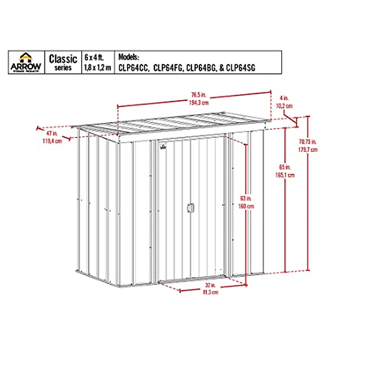 Arrow Classic Steel Storage Shed, 6x4, Charcoal