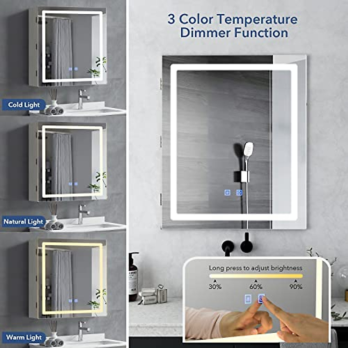 VOWNER Bathroom Medicine Cabinet with LED Lights and Mirror, Wall Mounted Mirror Cabinet with Adjustable Shelf, Defogger, Memory 3-Color Mode, Dimmer, Anti-Fog (20"×24")