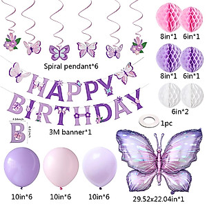 Butterfly Purple Pink Birthday Party Decorations, Happy Birthday Banner, Spiral pendant, Honeycomb Ball with Big Butterfly Foil Balloon for Women Girl Birthday Party Butterfly Theme Supplies