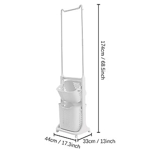 Sootvp Rolling Laundry Hamper Cart with Wheels and Hanging Bar, 2 Tier Rolling Laundry Basket Laundry Basket Organizer，Laundry Sorter for Laundry Bedroom Bathroom w/ 2 Removeable Baskets