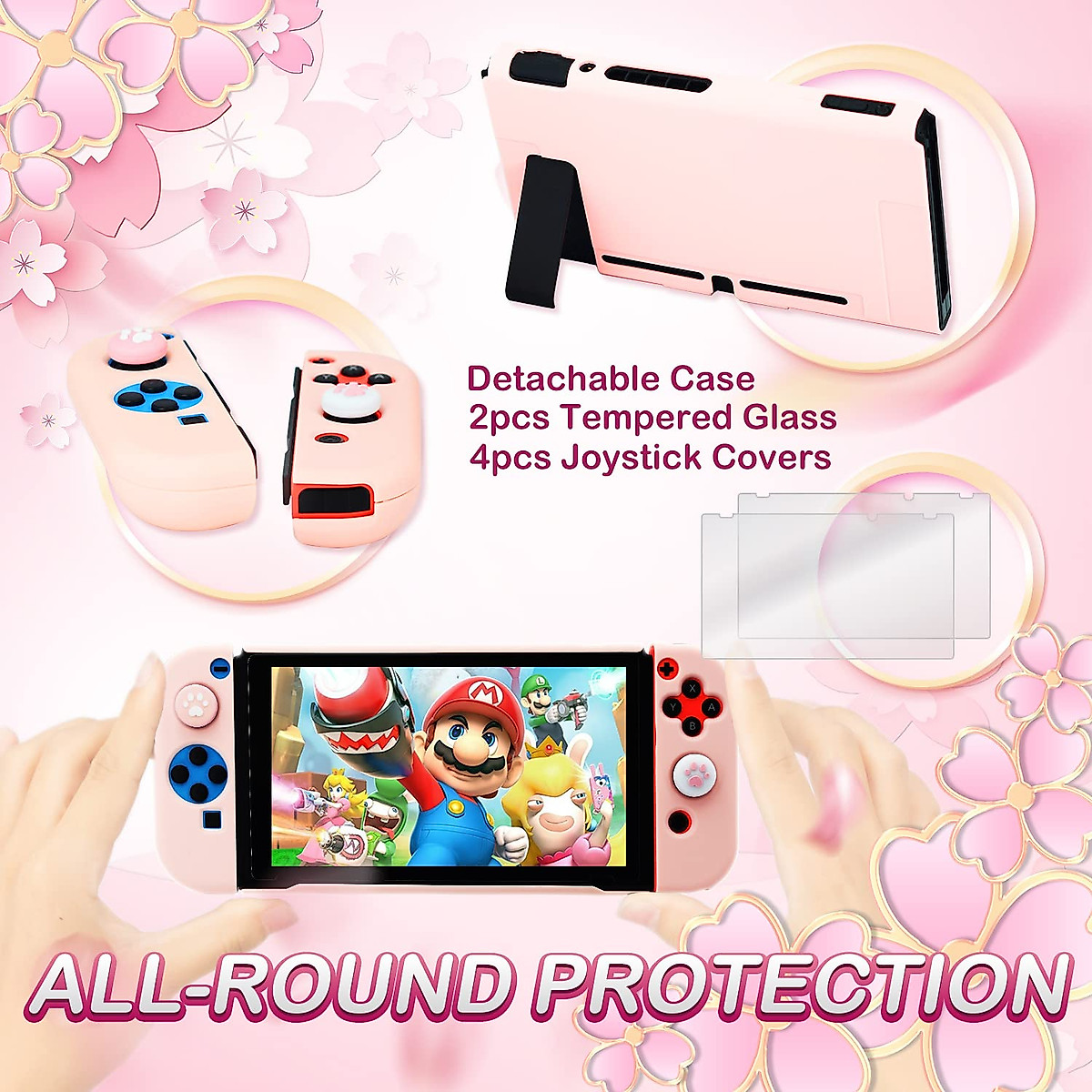 PlayM Pink Carrying Case & Accessories Bundle for Nintendo Switch, Cute Accessories Kit with Protective Cover, Screen Protector, Adjustable Stand, Game Card Case, Thumb Grips & Charger Cable for Girls