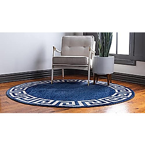 Unique Loom Athens Collection Classic Geometric Modern Border Design Area Rug, Round 8' 0" x 8' 0", Navy Blue/Beige