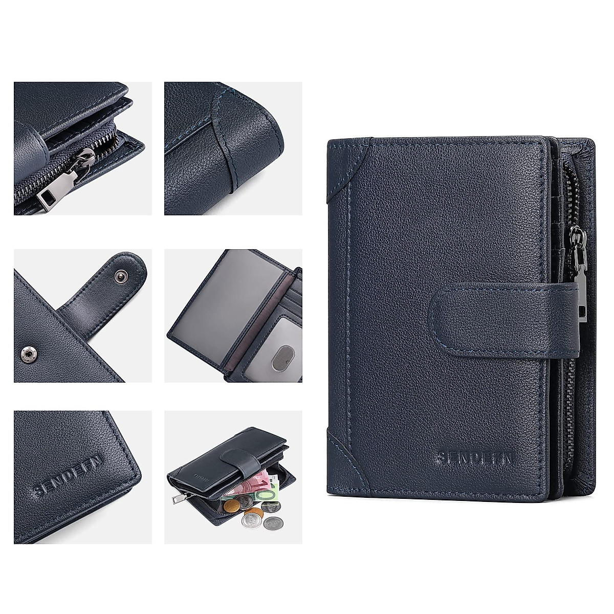 SENDEFN Men's Wallet Genuine Leather Wallets for Men RFID Blocking Card Holder with Zipper Coin Purse