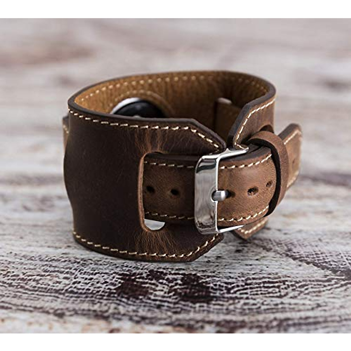 VENOULT Brown iWatch Series 8 Compatible Apple Classic Watch Cuff Bands for Man or Women 45mm, 44mm, 41mm, 40mm, Series 8-1 Dark Brown Genuine Leather Bull Strap, HANDMADE