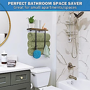 Ranslen Towel Racks Organizer for Bathroom Wall Mounted,Metal Towel Holders with Wooden Shelf and 2 Hooks,Black Storage Organizer for Large/Small Towels,Hand Towels,Washcloths,Spa,RV,Matte Black