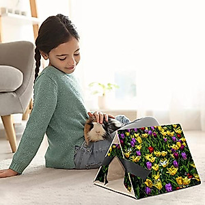 RATGDN Small Pet Hideout Colorful Flower Purple Yellow Tulip Hamster House Guinea Pig Playhouse for Dwarf Rabbits Hedgehogs Chinchillas