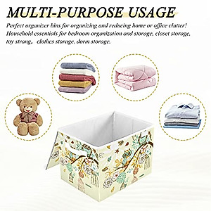 innewgogo Owl Autumn Floral Storage Bins with Lids for Organizing Foldable Storage Box With Lid with Handles Oxford Cloth Storage Cube Box for Pets Toys