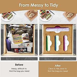 Caredear Bag Storage Organizer for Kitchen Drawer - 12.8" x 12" x 3" Bamboo Bag Organizer, Wall Mount Organizer for Gallon, Quart, Sandwich, Snack, Slider