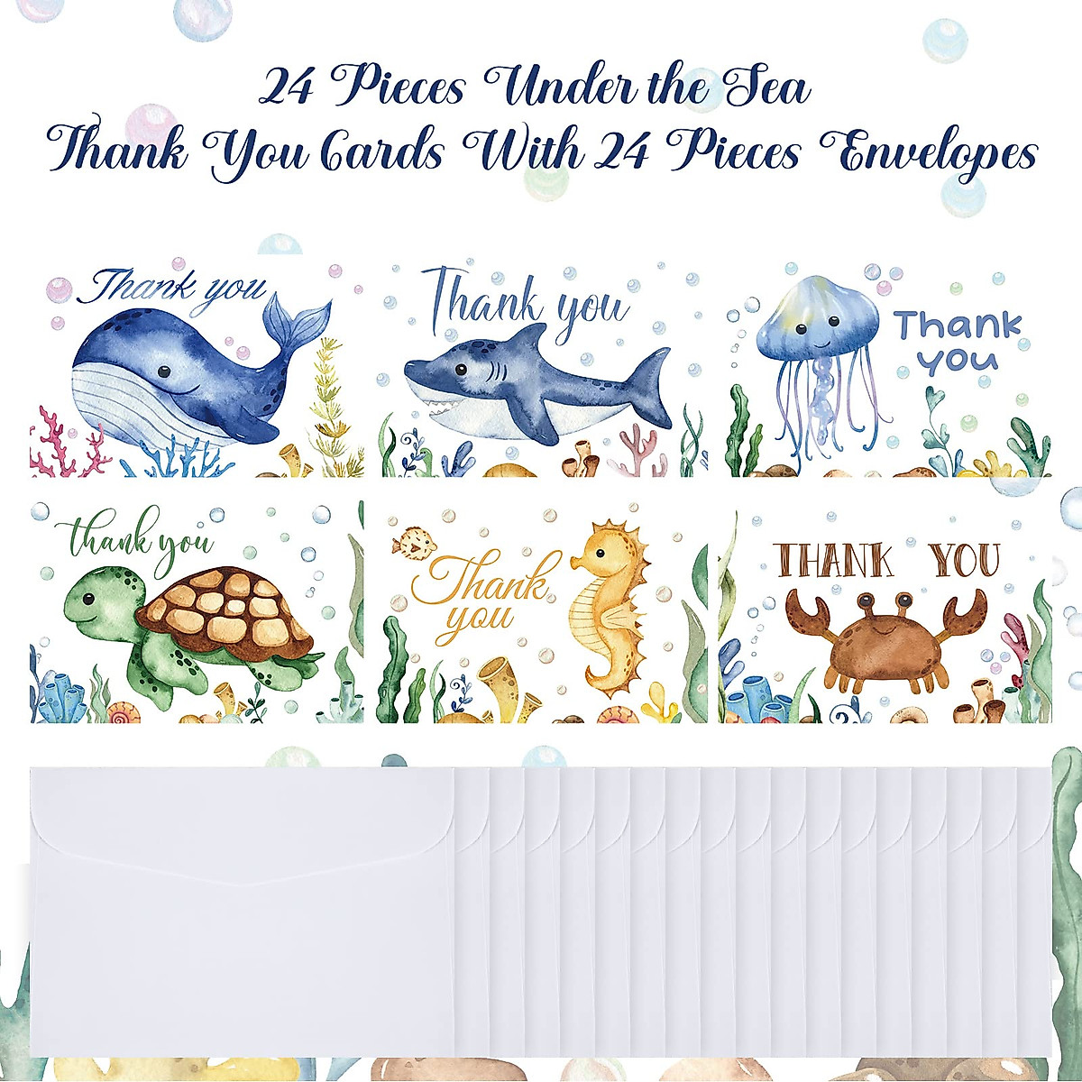 24 Sets Under the Sea Thank You Cards with Envelopes Whale, Shark and Turtle Thank You Notes Ocean Watercolor Baby Thank You Cards Sea Animal Greeting Cards for Birthdays Baby Shower Wedding Kids