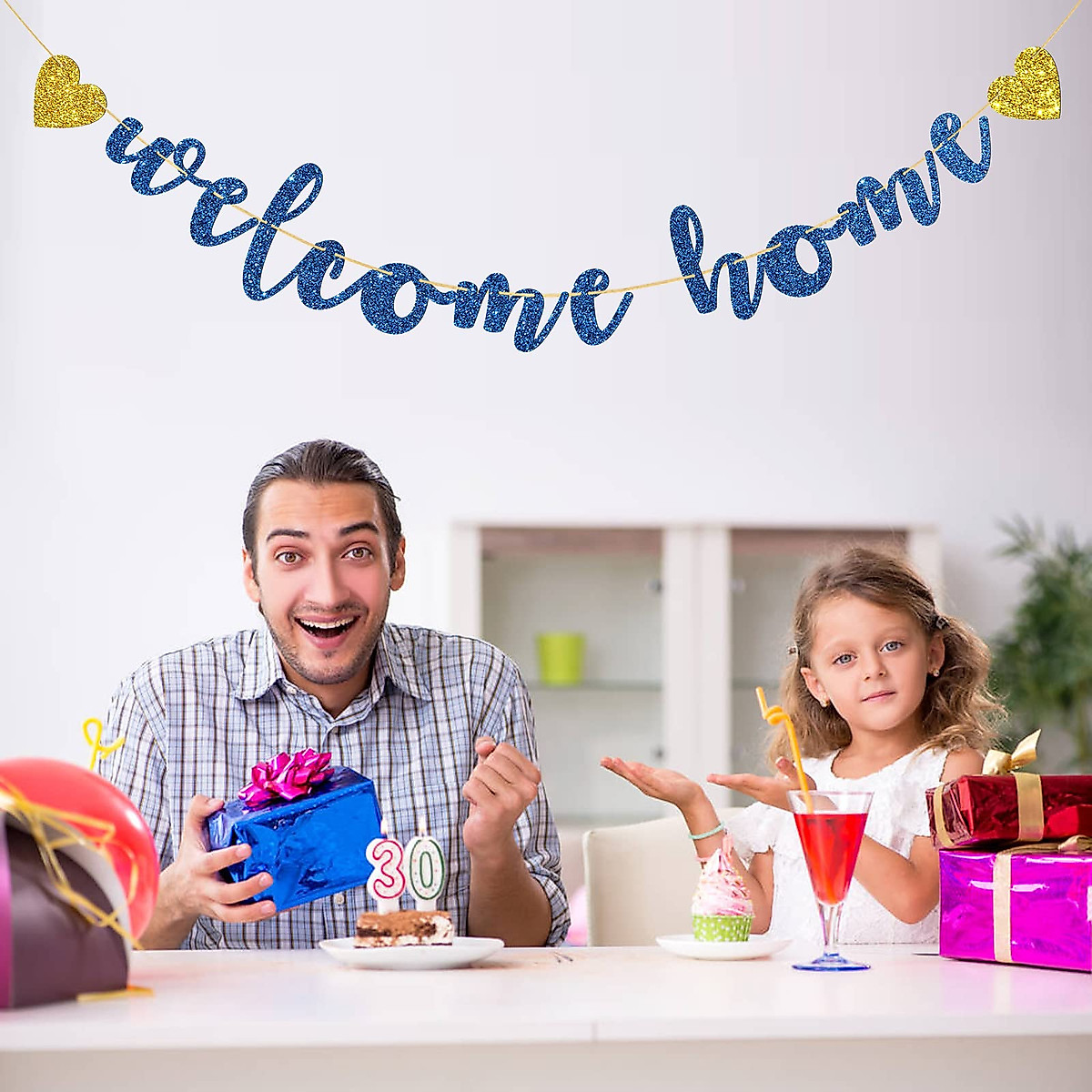 Welcome Home Banner, Glitter Welcome Party, Retirement, New House, Moving Away Party Decoration Supplies Blue Glitter