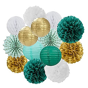 Sage-Green Teal-Gold Baby-Shower Party Decorations - 14pcs Rustic Wedding Paper Lanterns Fan,Tissue Pom Poms Streamers,Honeycomb Balls,Birthday Bachelorette Engagement Bridal Decor Lasting Surprise