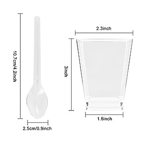 Wiaregom 50Pack 5oz Square Plastic Dessert Cups with Spoons,Clear Parfait Appetizer Cups for Tasting Party Desserts Fruit Parfait Trifle Baby Shower Party