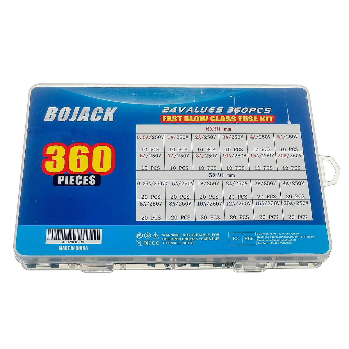 BOJACK 24 Values 360 pcs Fast-Blow Glass Fuses Assortment Kit 5x20mm 250V 0.25 0.5 1 2 3 4 5 8 10 12 15 20A 6x30mm 250V 0.5 1 2 3 4 5 6 7 8 10 15 20A amp packag in a Clear Plastic Box