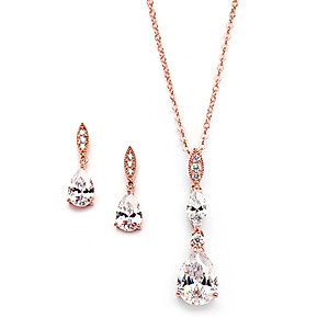 Mariell Bridal Wedding Necklace Earrings Set, Rose Gold CZ Pendant and Drop Earring for Bride, Bridesmaid