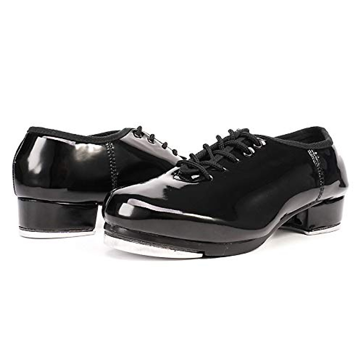 DKZSYIM Tap Shoes Patent Leather Full-Sole Lace-up Dancing Shoes for Girls, Women and Men,Model WX-QD,Black, 9.5 B(M) US