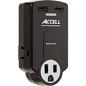 Accell Power Travel Surge Protector - 3 Outlets, 2 USB Charging Ports (2.1A Output), Folding Plug - Black, 612 Joules, ETL Listed