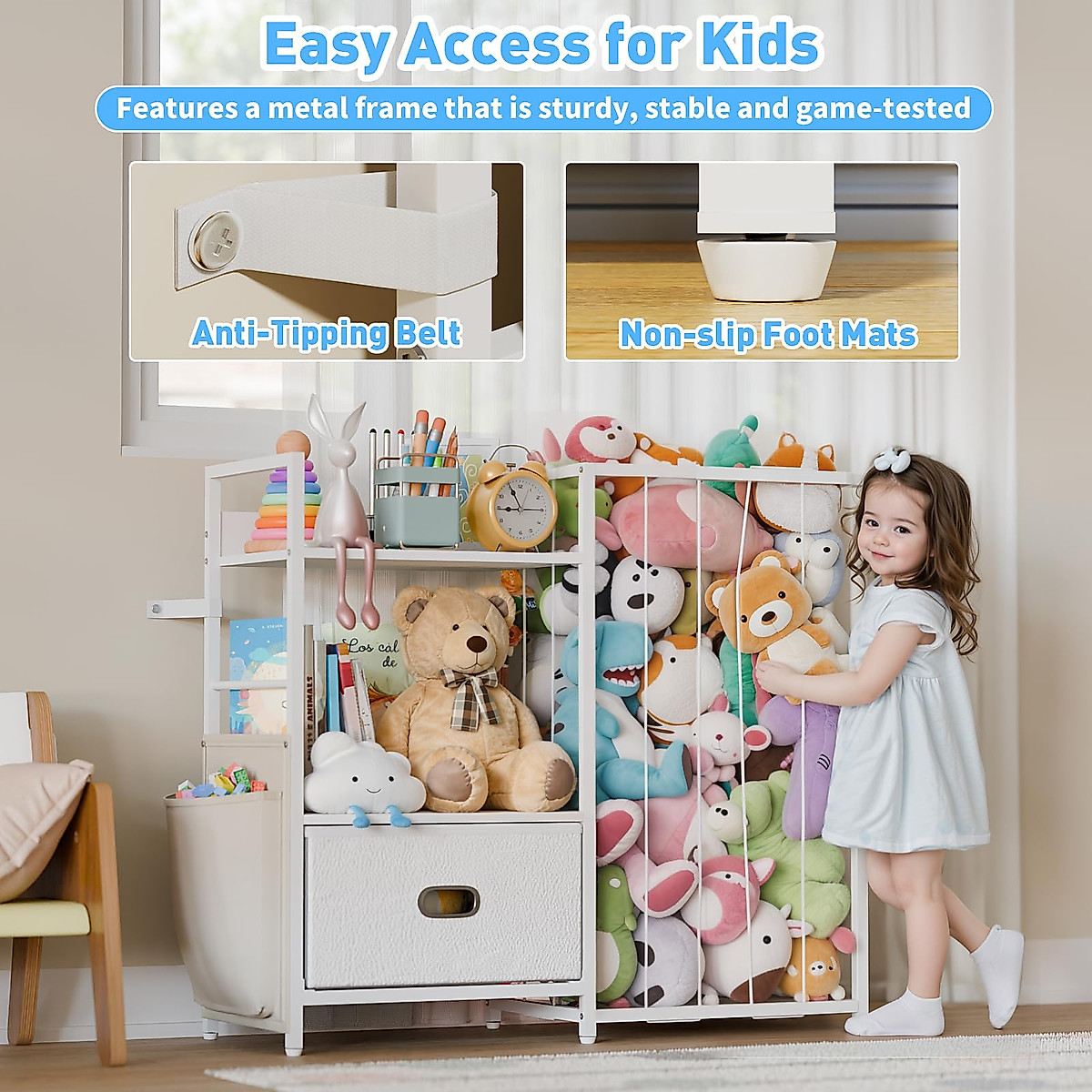 Metal Stuffed Animal Storage Toy Organizer - Kids Toy Storage Organizer with Toy Box, Stuffed Animal Zoo Storage with Bins, Toy Shelf Organizer Storage for Kids Room Playroom Nursery Bedroom (White)