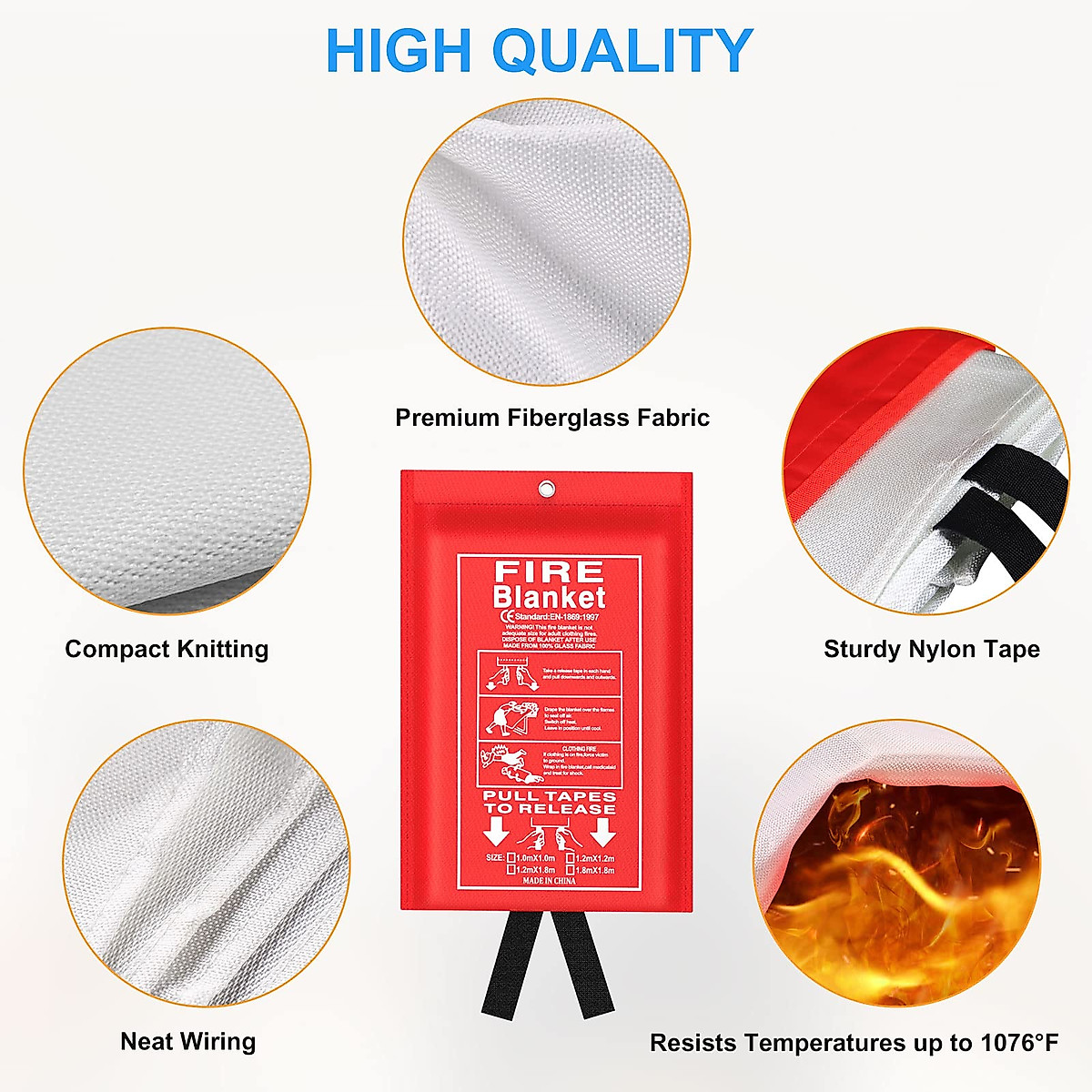Jeagou Emergency Fire Blanket for Kitchen and Home, 2 Pack 39.37” x 39.37” Fiberglass Fire Safety Blankets for Survival, Suppression Fire Retardant Blanket for People