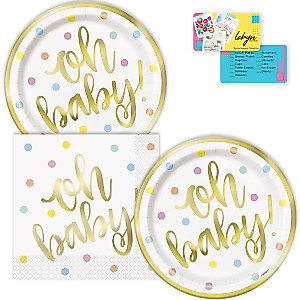 Lobyn Oh Baby Dessert Plates and Napkins - Elegant Gold and White Baby Shower Disposable Set - Cake Plates - 16 Count of 7 Inch Disposable Plates, and 16 Napkins - Baby Shower Plates