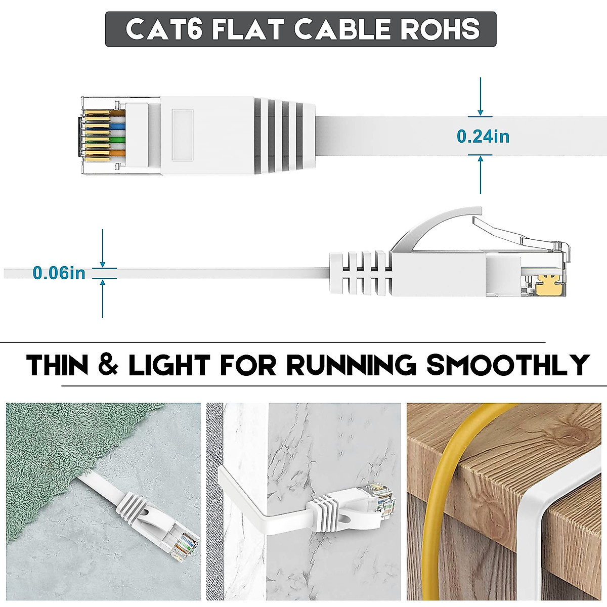 Siricook Cat 6 Ethernet Cable High Speed 125 ft, Flat Internet Network Patch Cord Support 1Gbps 250 Mhz, Rj45 Connectors for Router, Modem, Faster Than Cat5e Cat5 White 125FT
