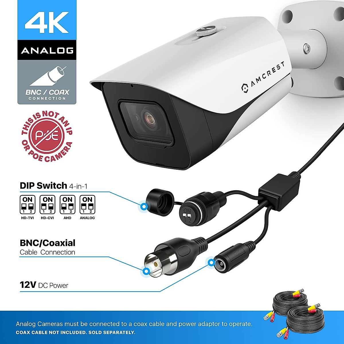 Amcrest 4K Analog Outdoor Security Camera, Bullet 4K (8MP) @15fps, CCTV-Coax-BNC, 98ft Night Vision, IP67 Metal, 125° Angle, Mic, White (Not an IP Camera) (DVR Required, Not Included) (AMC4KBC28-W-V3)