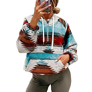 COWOKA Women's Aztec Print Pattern Western Ethnic Half Zip Long Sleeve Pullover Hoodie Sweatshirt Red L
