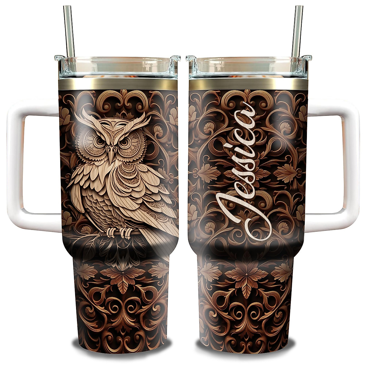 WAZONE Personalized Owl Tumbler Insulated Cup With Lid Wooden Drawings Tumbler 40oz with Handle and Straw Coffee Travel Mug Custom Name Gifts Themed Animal For Men Women Teen Owls Lover