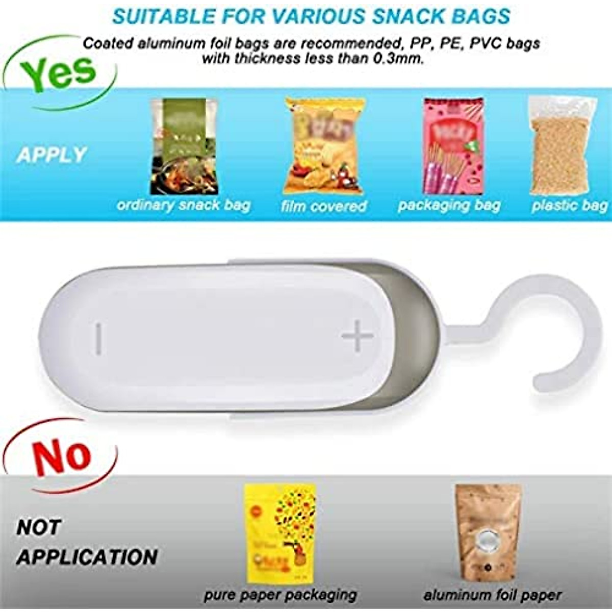 Mini Bag Sealer 2-in-1, Heat Sealer,Handheld Heat Vaccum, Portable Heat Vacuum Sealers with Hook, Heat Sealer with Cutter For Plastic Bags and Food, Mini Portable Sealer for Snacks, Resealer Machine Keep Food Fresh, Battery Not Included