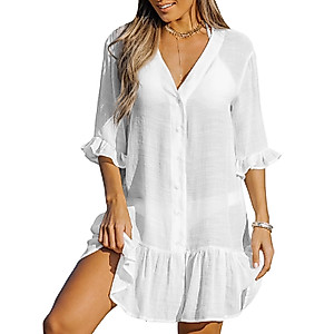 CUPSHE Women's V Neck Ruffled Cover Up Button Down Bathing Suit Beach Dress with Short Sleeves White L