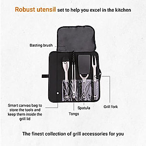 Kenyon A70011 Grill Utensil Set With Grill Fork, Tongs, Spatula, And Basting Brush, Stainless Steel Grill Tools With Smart Canvas Bag, Removable Soft-Grip Handles, Easy Cleaning, 4 Piece Tool Kit