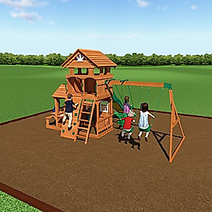 Backyard Discovery Shenandoah All Cedar Wooden Playset Swing Set with 2 Belt Swings, 2 Person Glider, 10 ft Wave Slide, Covered Upper and Lower Playhouse, Play Kitchen, Rock Wall, Outdoor Bench