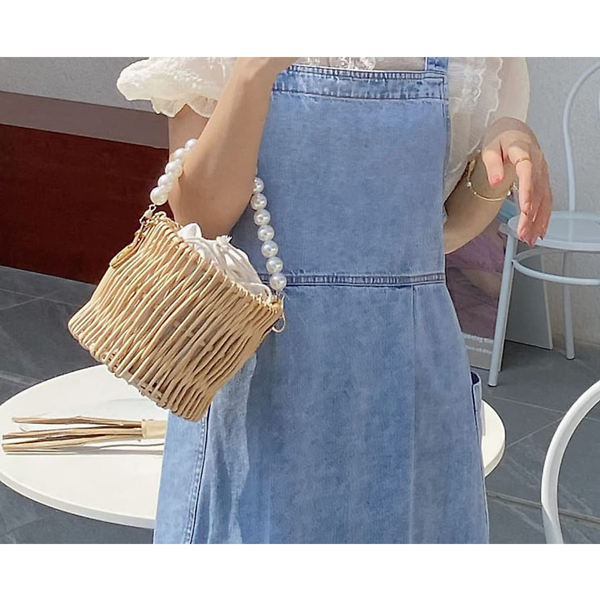 Straw Beach Pearl Bag Purse Bag for Women Vacation Handmade Basket Tote Bamboo Should Bag Handbag Best Gift for Girls Wife