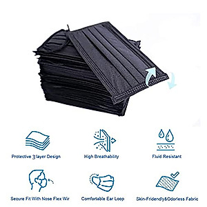 2000 PCS Bulk Black Face Masks (40 Packs, 50pcs/Pack), Non Woven Thick 3-Layers Breathable Facial Masks with Adjustable Earloop, Mouth and Nose Cover