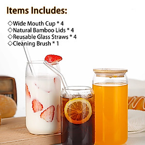 Weiei Beer Can Glasses with Bamboo Lids and Glass Straw 4pcs Set - 16oz, Wide Mouth Iced Coffee Cups with 4 Straws, Can Shaped Glass Cups, Reusable Glass Tumbler Boba Cup for Tea, Boba, Smoothie