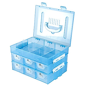 MyGift 11 Inch Sky Blue Transparent Arts and Crafts Sewing Supplies Storage Organizer Case with White Accents, 24 Customizable Compartments, 6 Drawers Removable Dividers