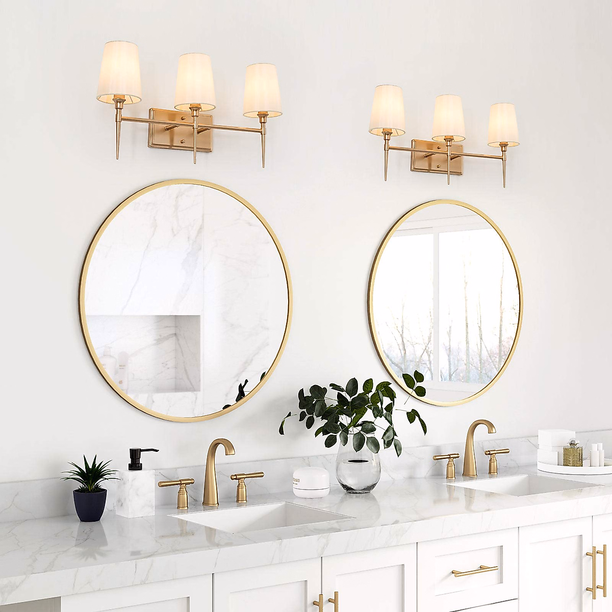 classy leaves Bathroom Light Fixtures, 3-Light Gold Vanity Lights, Modern Bathroom Vanity Light Fixtures with White Fabric Shade, 23’’ L x 6.5’’ W x 12’’ H