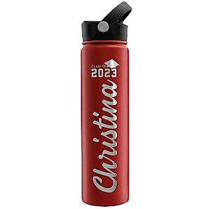 Graduation Gifts - Personalized Water Bottle w Straw Lid, Custom 6 Designs Water Bottle w Name | 24 oz - Red | Double Wall, Vacuum Insulated, Class of 2023, High School, College Gifts