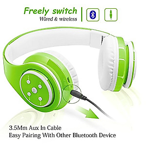 Kids Headphones Bluetooth Wireless 85db/110db Volume Limit Headset Fit for Aged 3-21 Over-Ear and Build-in Mic Wired & SD Card Mode Headphones for Boys Girls Travel School Phone Pad Tablet PC Green
