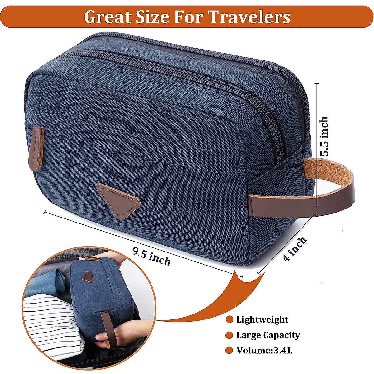 Mactso Mens Travel Toiletry Bag Canvas Leather Cosmetic Makeup Organizer Shaving Dopp Kits with Double Compartments (Blue 1)
