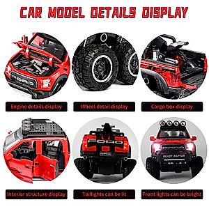 Monster Trucks for Boys - 1/24 Scale Die-Cast Metal Toy Car F150 with Sound and Light,Pickup Truck and Trailer Cars Toy Cars for 3+ Year Old Boys (Red)