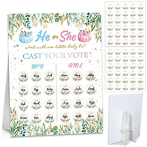 Whaline Fall Pumpkin Gender Reveal Board with Stand What Will Our Little Baby Be Eucalyptus Leaf Gender Reveal Game with Voting Stickers for Autumn Baby Shower Supplies