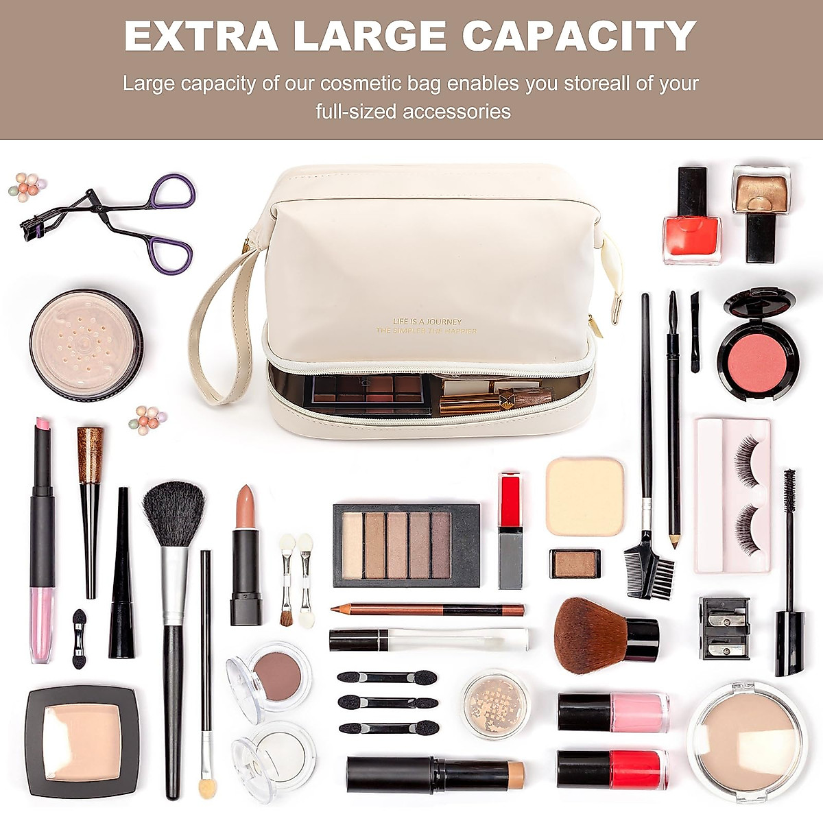 Cosmetic Travel Bag, Double Layer Cosmetic Bag, Large Makeup Bag, Travel Makeup Bag, Makeup Organizer Bag, Leather Cosmetic Bag, Waterproof Toiletry Bag for Women Girls (White)