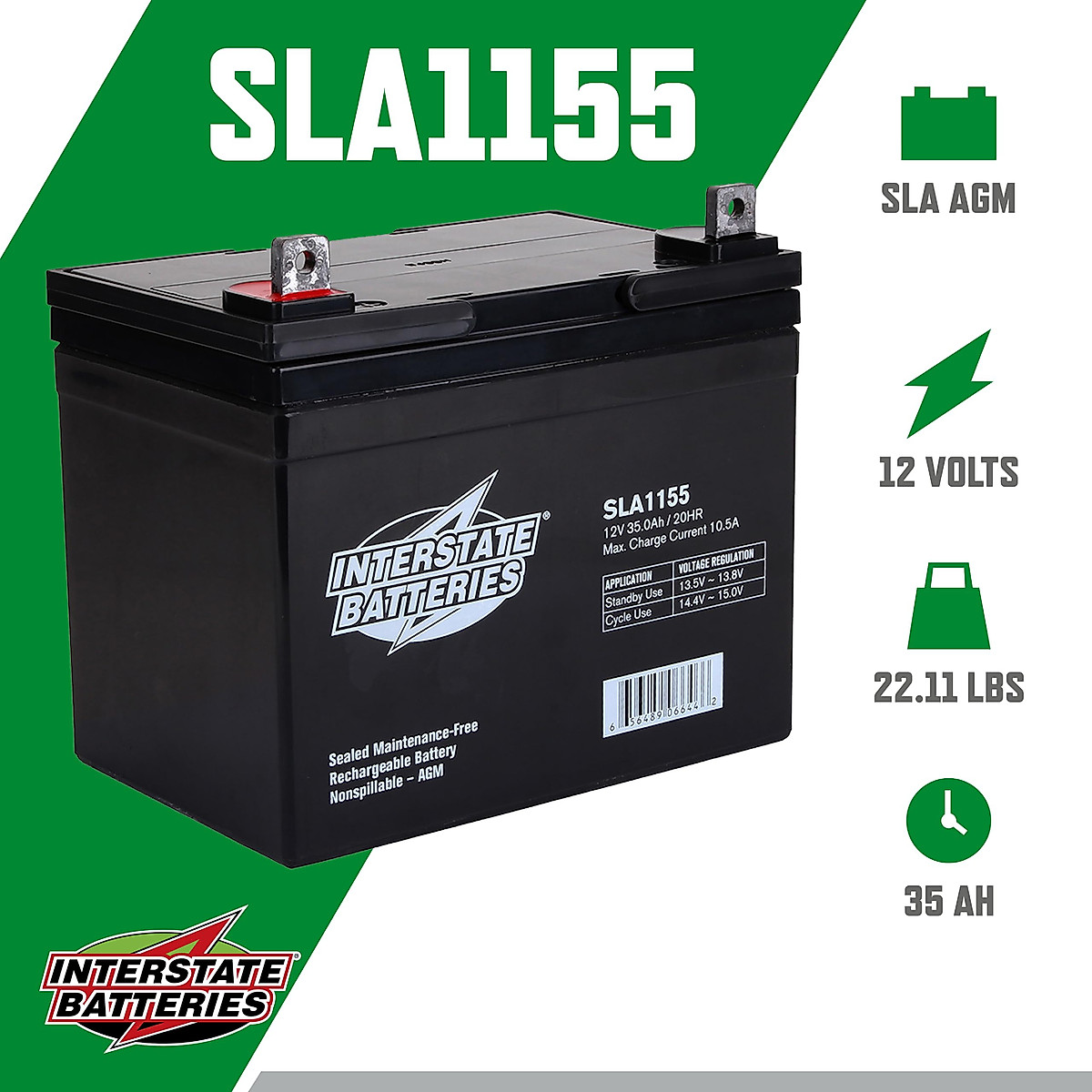 Interstate Batteries 12V 35Ah Battery (Flag Terminal) SLA AGM VRLA Rechargeable Replacement for UPS Backup Power, Emergency Lighting, Lawn Mower, Solar Power (SLA1155)