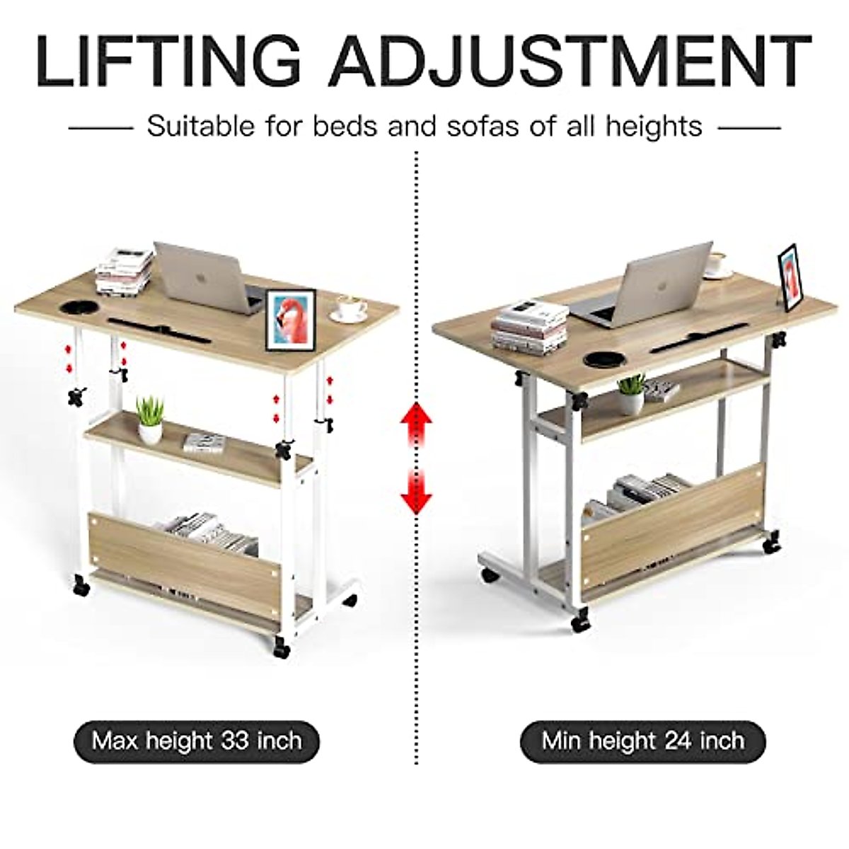 fshihine Portable Desk for Sofa and Bed 31.5"x19.5" Height Adjustable Laptop Table with Wheels, Rolling Small Mobile Standing Home Office Workstation for Small Spaces, Student Study Desk with Storage