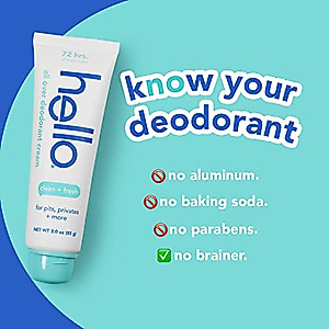 hello All Over Clean & Fresh Deodorant Cream, Aluminum Free Deodorant Cream for Pits, Privates + More, Offers 72 Hours of Freshness, Safe for Sensitive Skin, Vegan, 1 Pack, 3 Oz Tube