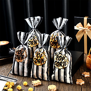 Ninehaoou 200 Pcs Movie Night Popcorn Bags for Party Carnival Popcorn Bags Movie Theme Party Decorations Black White Stripe Cookie Snack Bags with 200 Black Twist Ties for Movie Party Favors