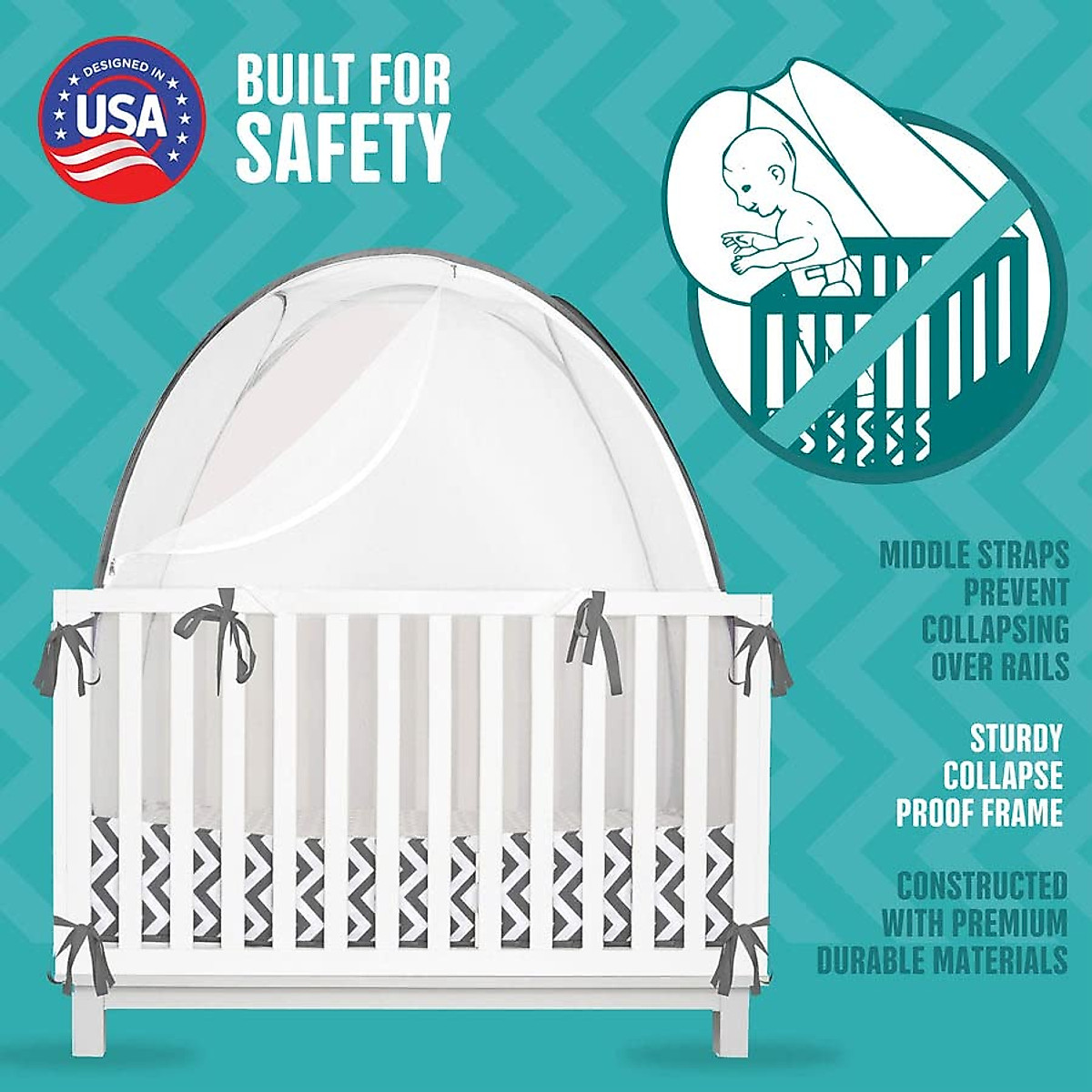 KinderSense® - Baby Safety Crib Tent - Premium Toddler Crib Topper to Keep Baby from Climbing Out - See Through Mesh Crib Net - Mosquito Net - Pop-Up Crib Tent Canopy to Keep Infant in (Grey Chevron)