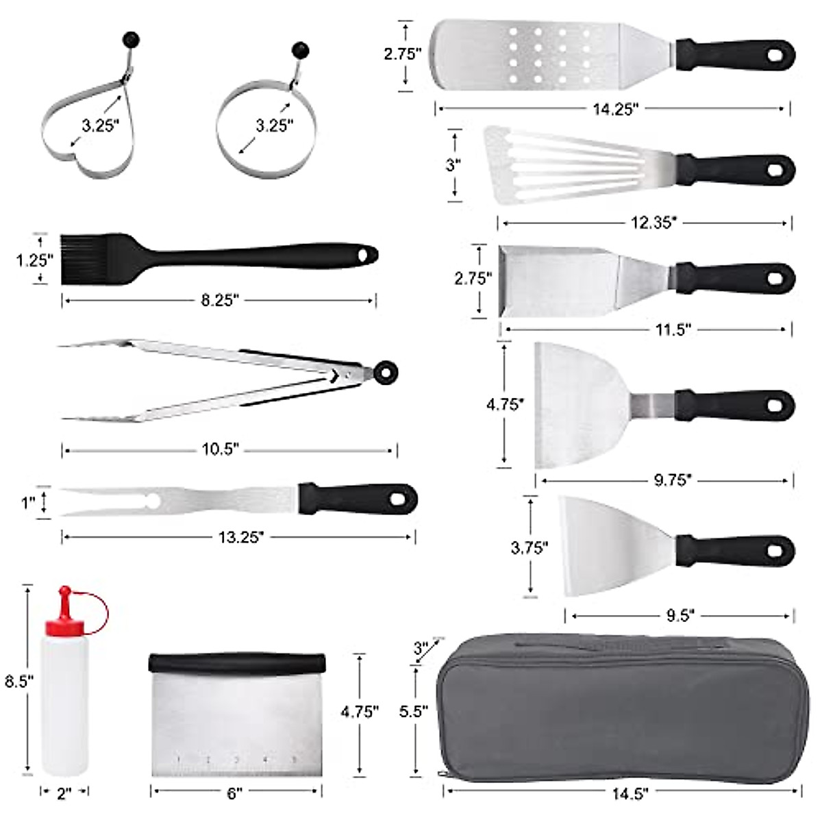 Griddle Accessories Kit, 14pc, Stainless Steel BBQ Barbecue Tools Set for Blackstone Flat Tops, Includes Spatulas, Tongs, Scraper Tools, Brush, Fork, Squeeze Bottles, Carrying Bag